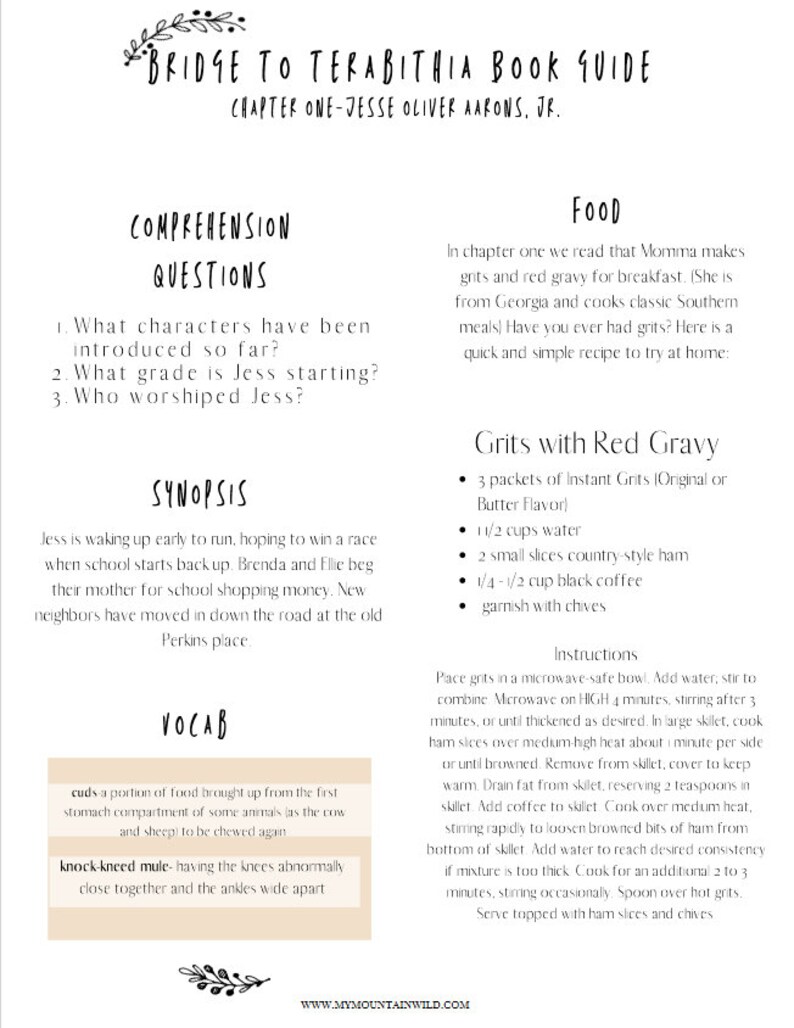 Bridge to Terabithia Book Guide PDF - Etsy
