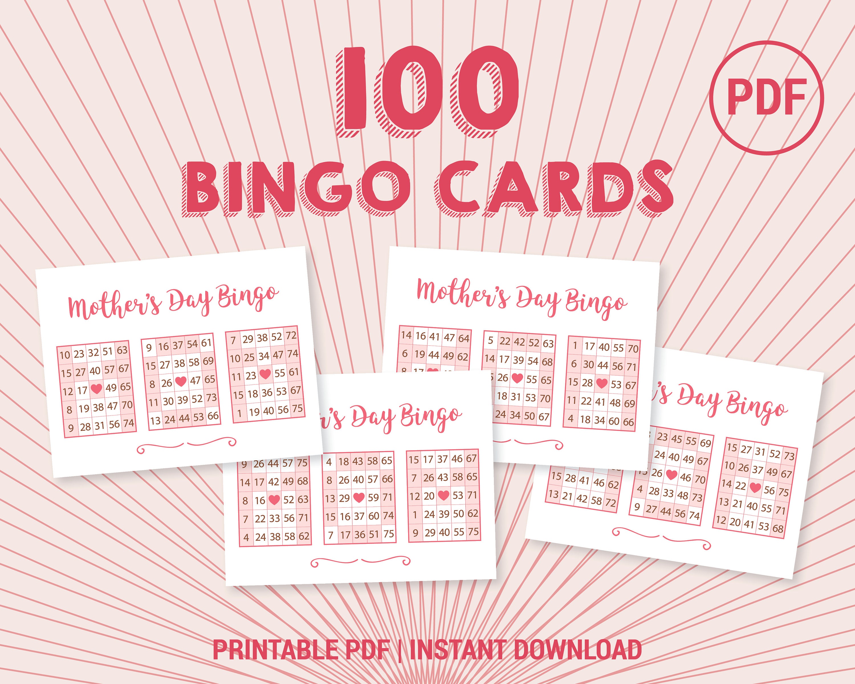 Mother's Day Bingo Pink Printable Cards 100 | 75-ball Bingo Numbered ...