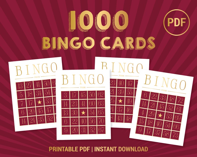 Burgundy Bingo Printable Cards 1000 | 75-ball Bingo Numbered Cards ...