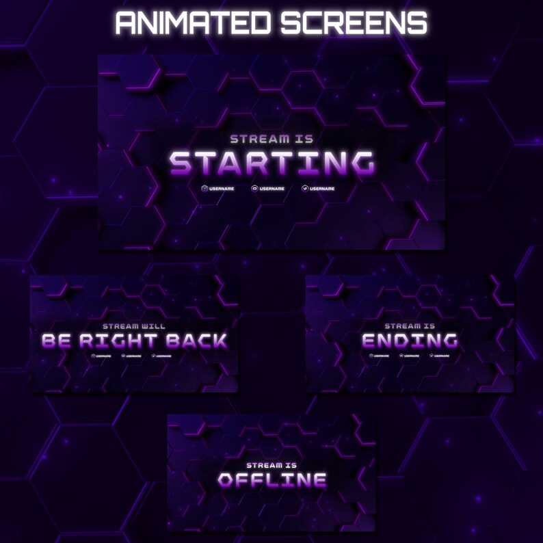 3D Animated Twitch Package Purple-blue Hexagon, Twitch Overlay, Banner ...