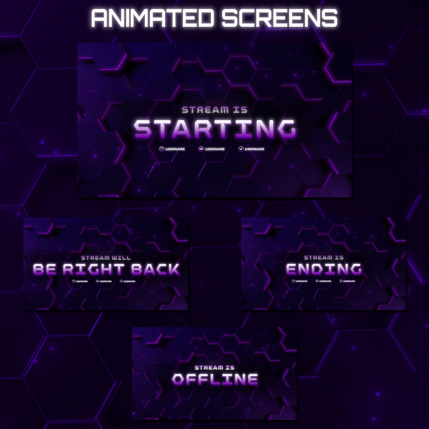 3D Animated Twitch Package Purple-blue Hexagon, Twitch Overlay, Banner ...