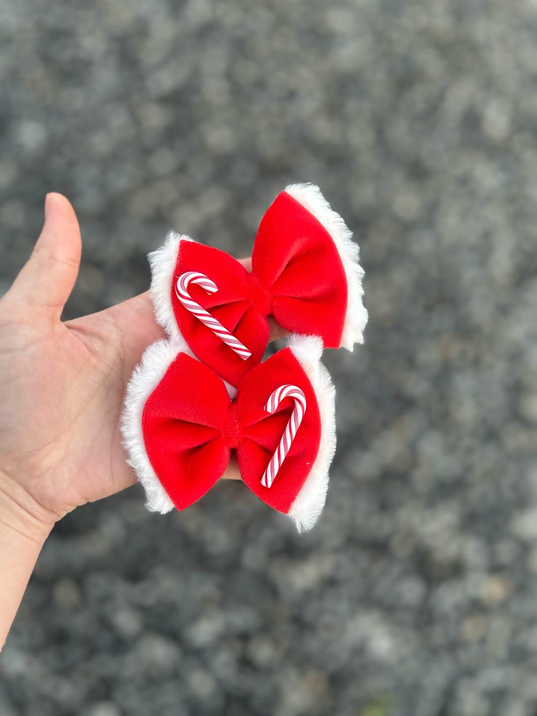 Red Velvet Candy Cane Hair Clips, Santa Faux Fur Trim Bows, Christmas ...