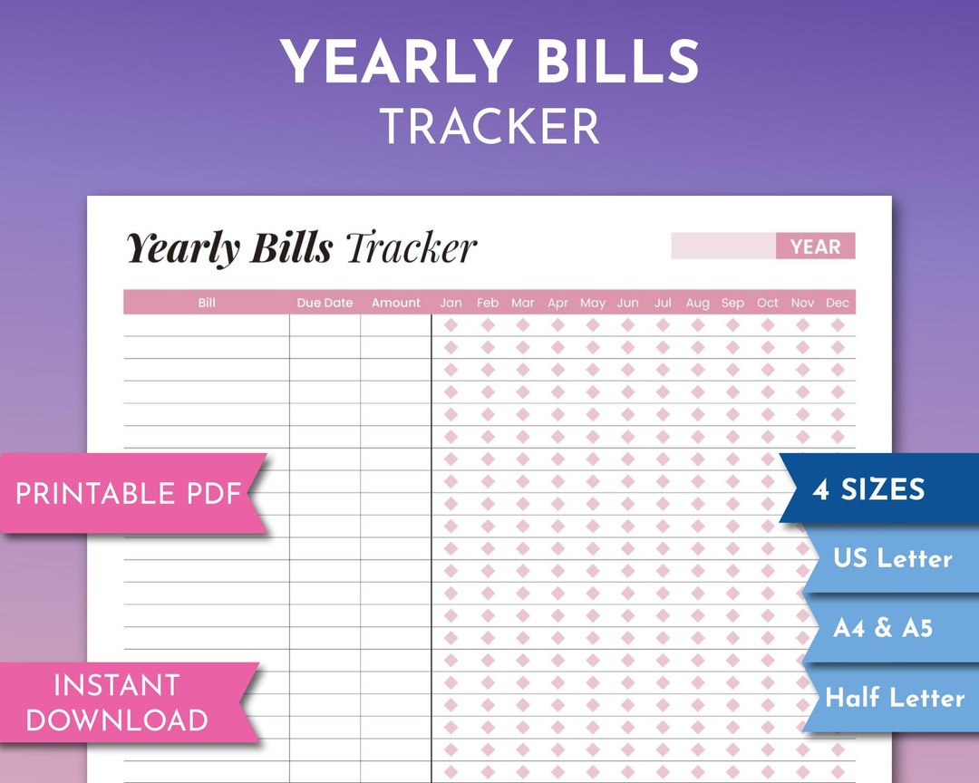 Purple Bill Pay Tracker, Yearly Bill Payment Checklist, Monthly Bills ...