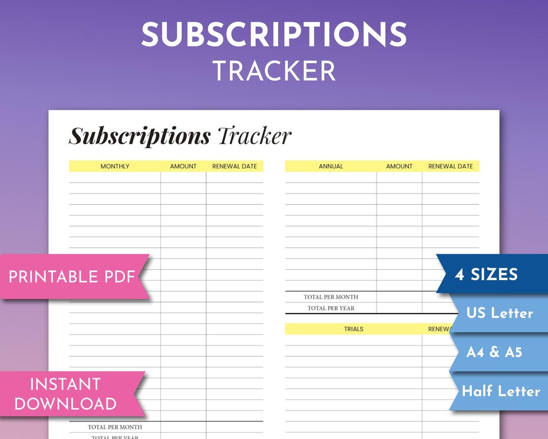 Monthly Subscriptions Track Form, Annual Membership Tracker, Regular ...