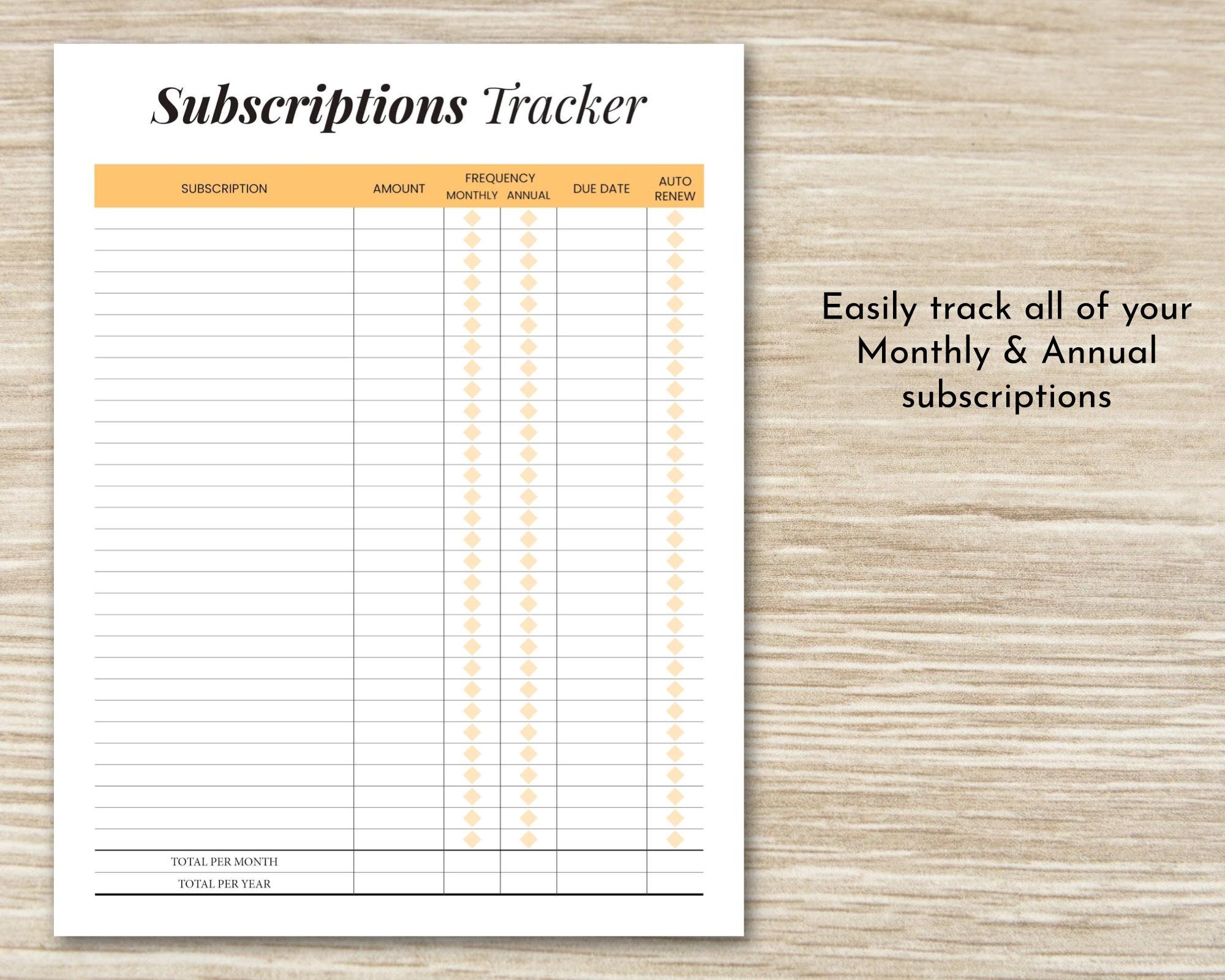 Monthly Subscription Tracker, Annual Bills Worksheet, Personal Finance ...