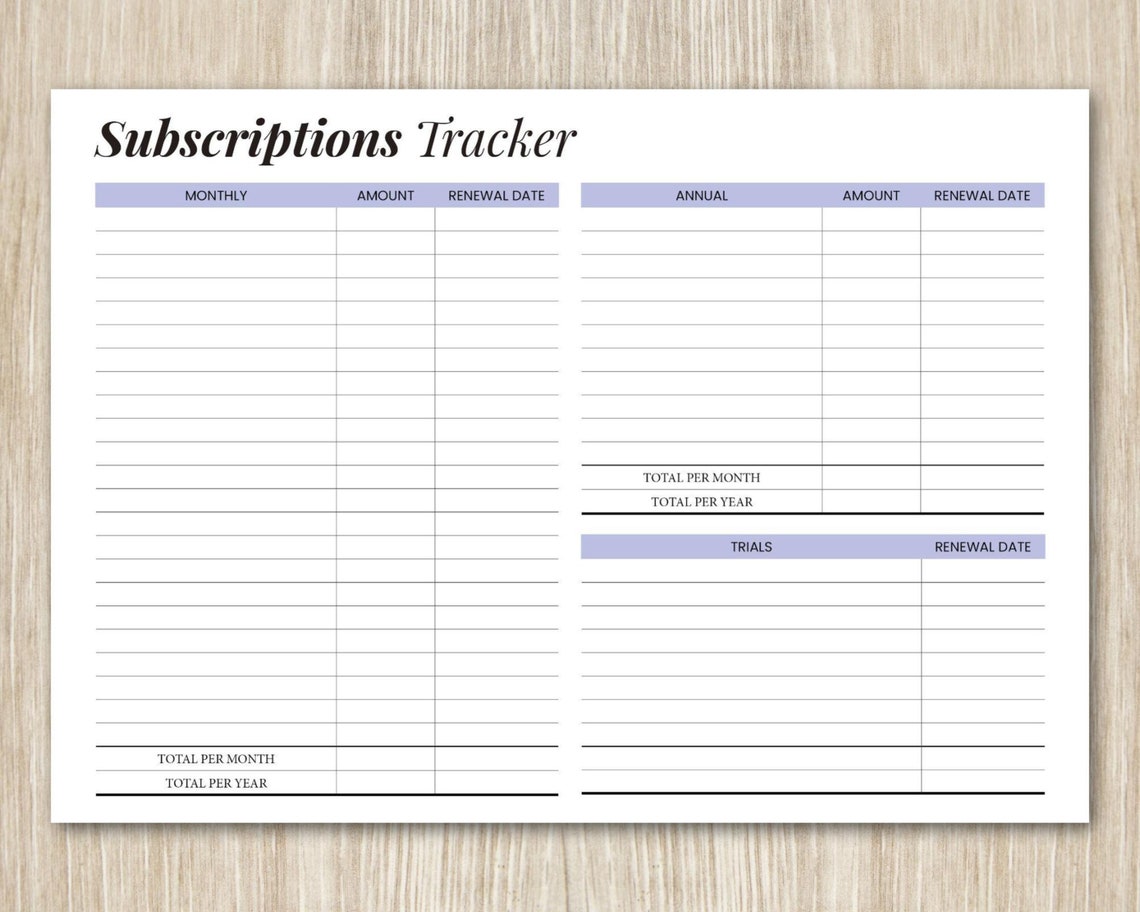Subscriptions Tracker Printable, Regular Monthly Expenses Log, Yearly ...