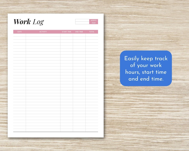 Work Log Printable, Time Tracker Template, Time Spent Working Log ...