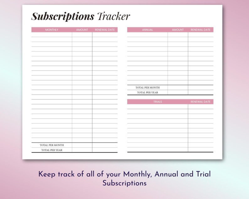 Subscriptions Tracker Printable, Regular Monthly Expenses Log, Yearly Membership Tracking ...