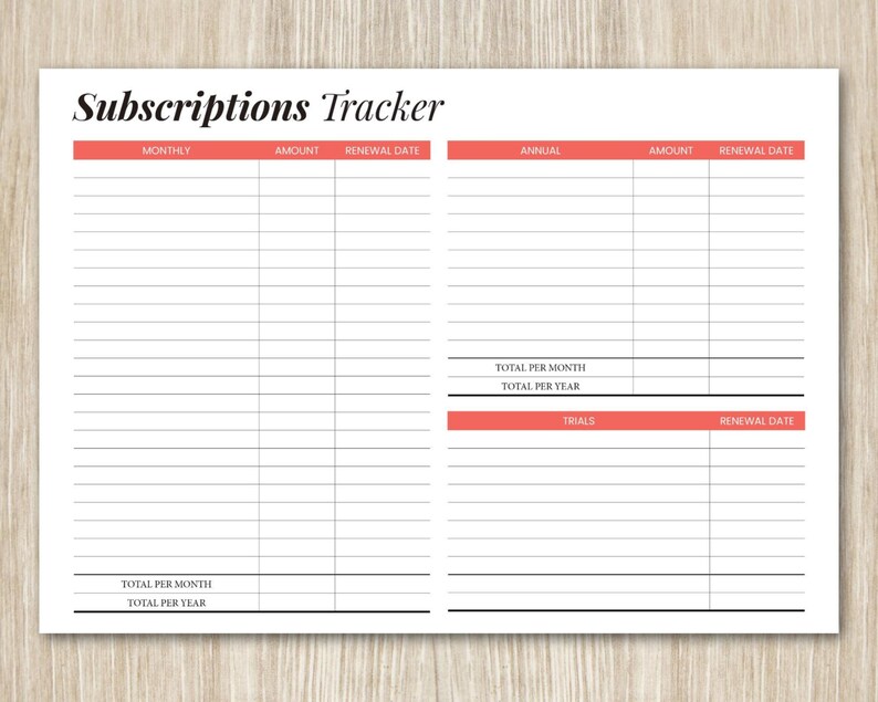 Subscriptions Tracker Printable, Regular Monthly Expenses Log, Yearly ...
