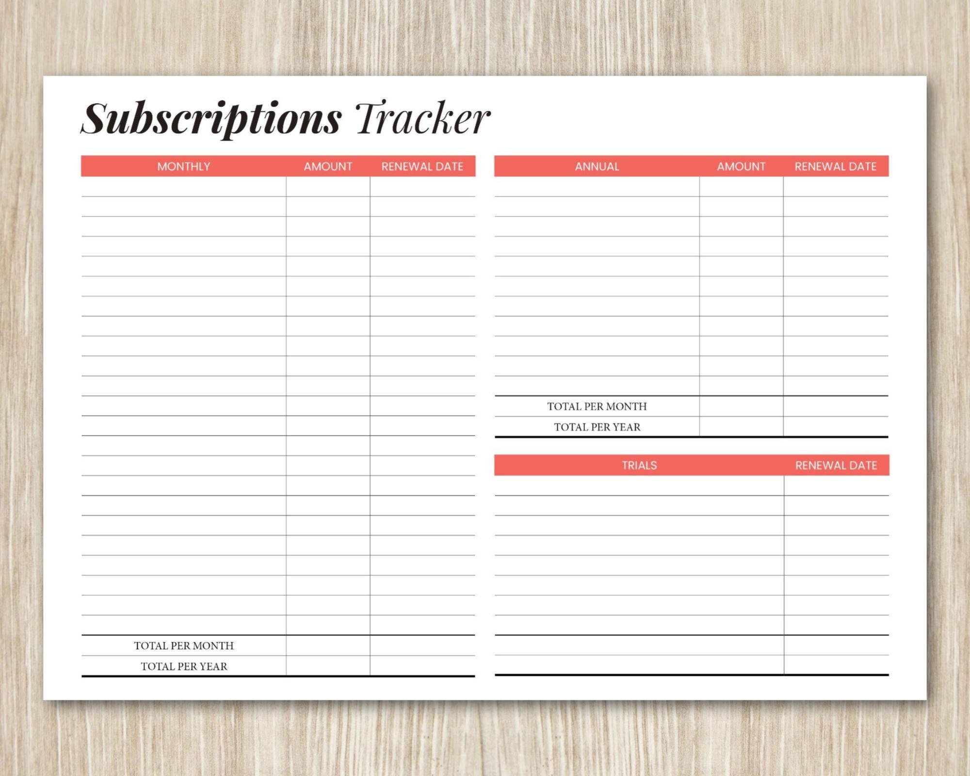 Subscriptions Tracker Printable, Regular Monthly Expenses Log, Yearly ...
