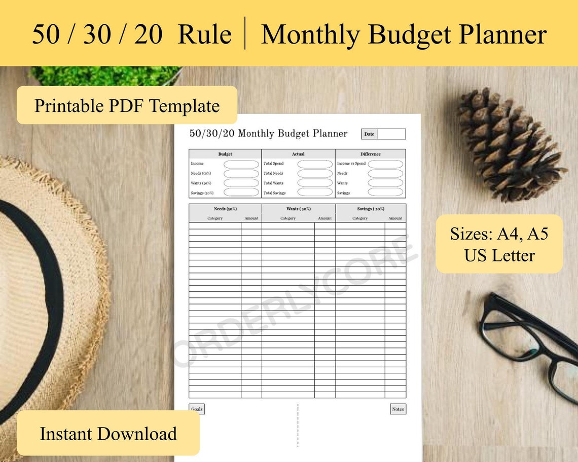 50/30/20 Rule Monthly Budget Planner, Financial Freedom Print Out ...