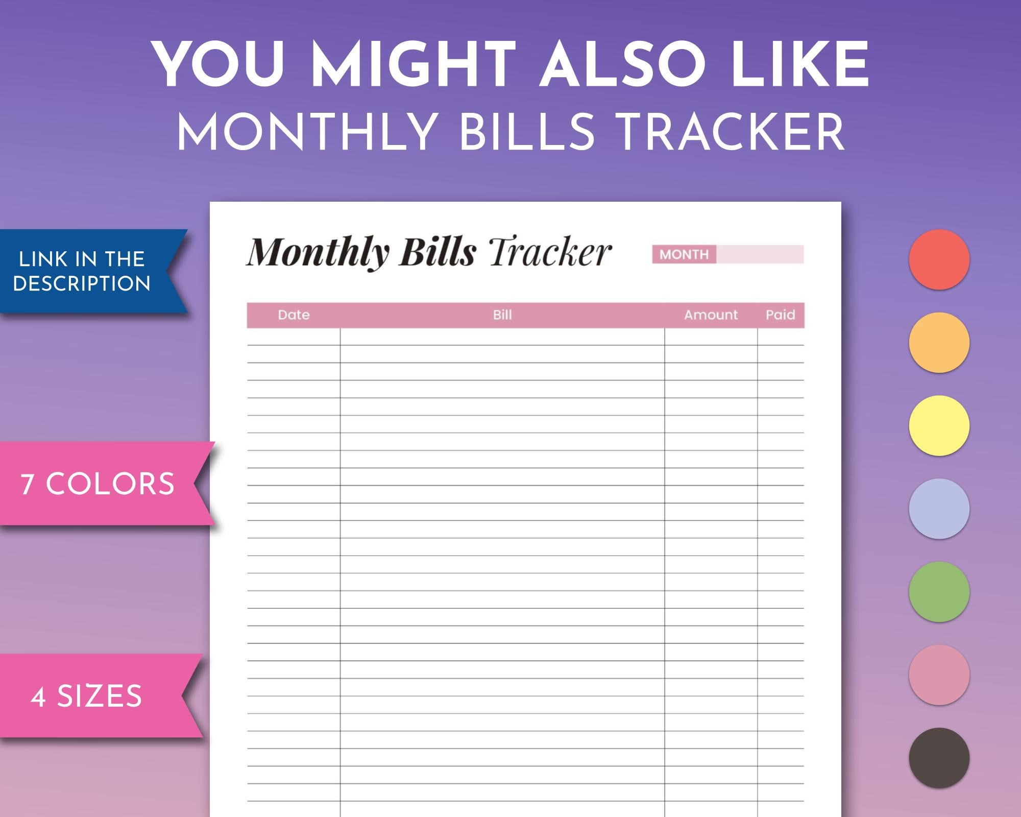 Purple Bill Pay Tracker, Yearly Bill Payment Checklist, Monthly Bills ...