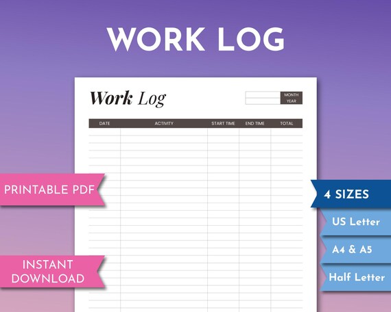 Work Log Printable Time Tracker Template Time Spent Working | Etsy