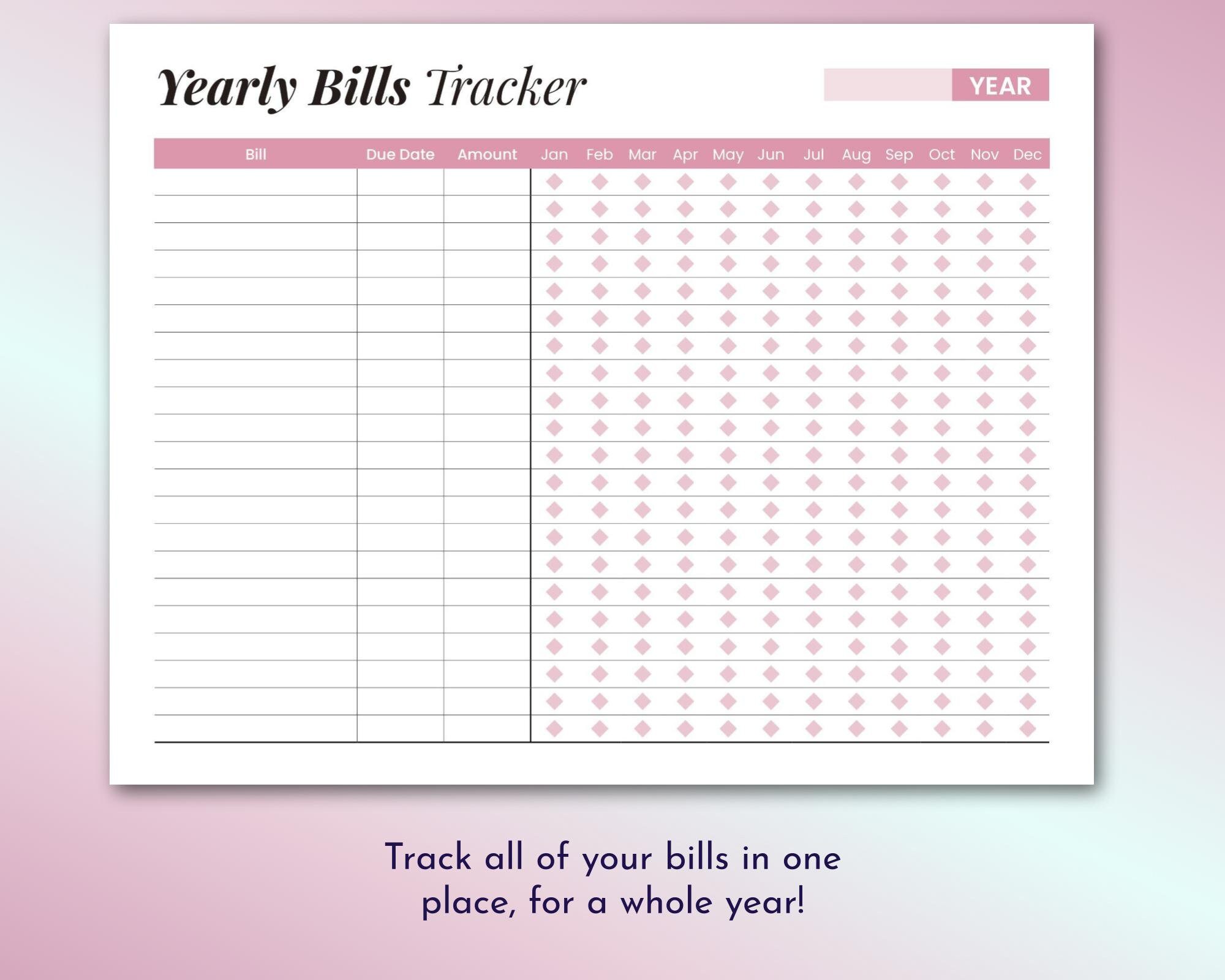 Yearly Bill Payment Tracking Checklist, Bills Paying Planner, Instant ...