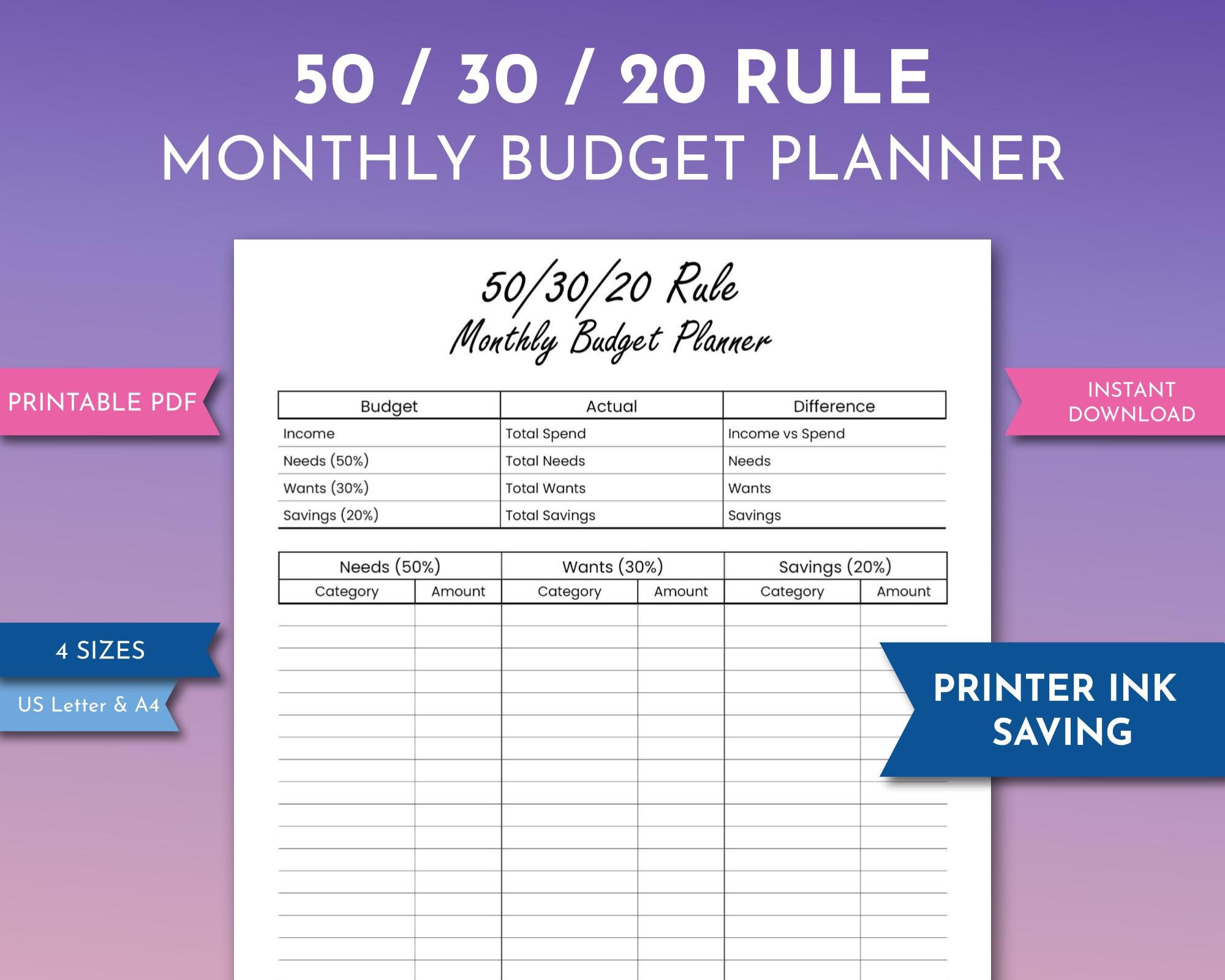 50-30-20 Budget Template Printable, Financial Freedom Cashflow Planner ...