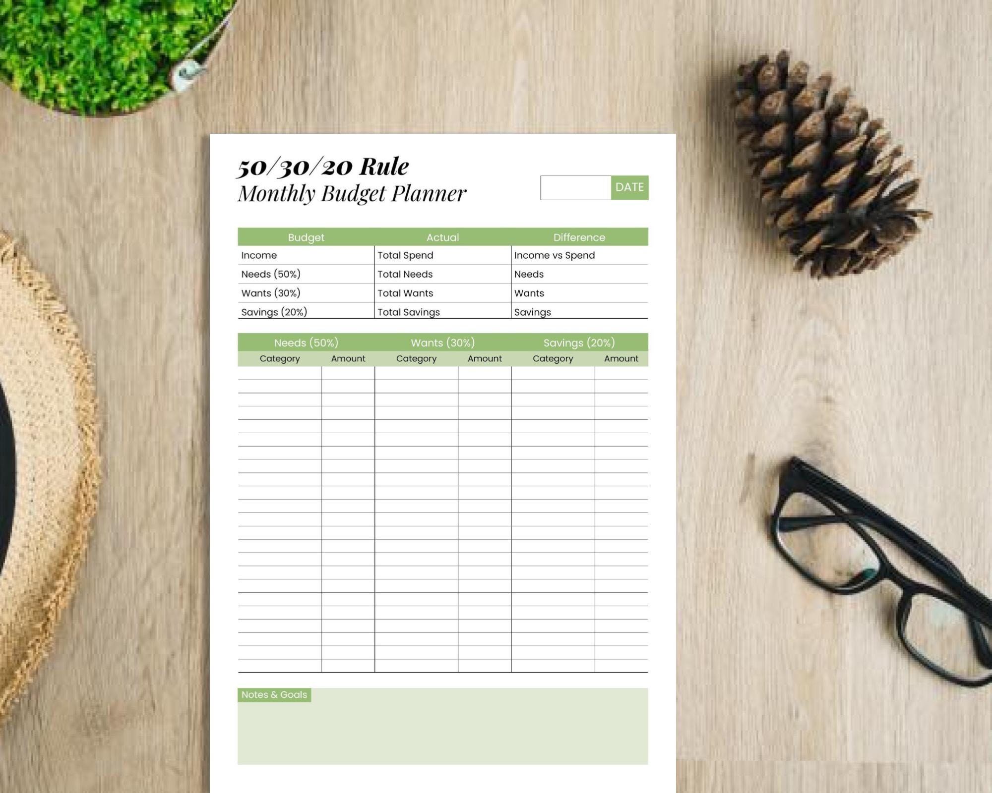 50/30/20 Rule Monthly Budget Planner, Income Expense Savings Worksheet ...