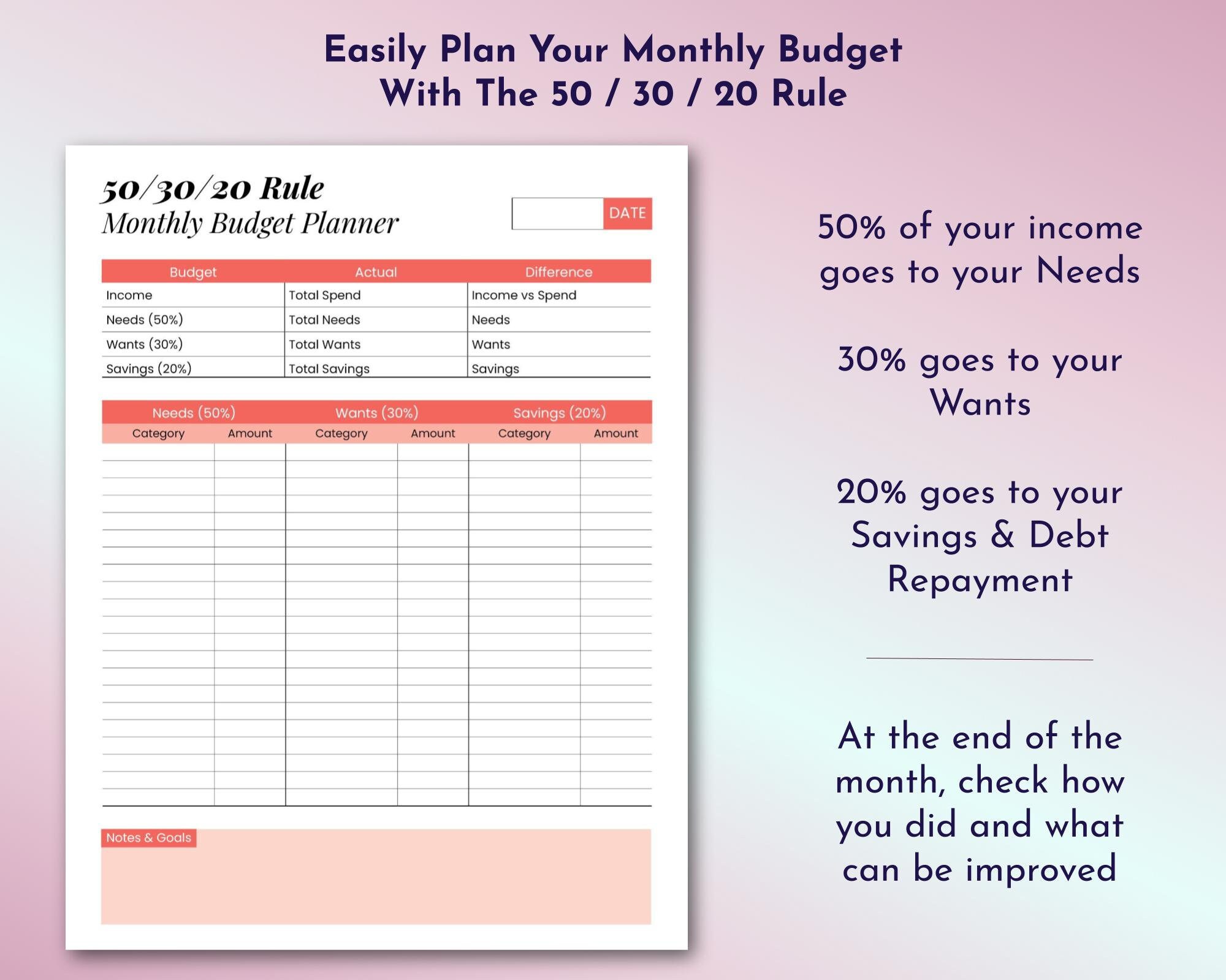 50/30/20 Rule Monthly Budget Planner, Income Expense Savings Worksheet ...