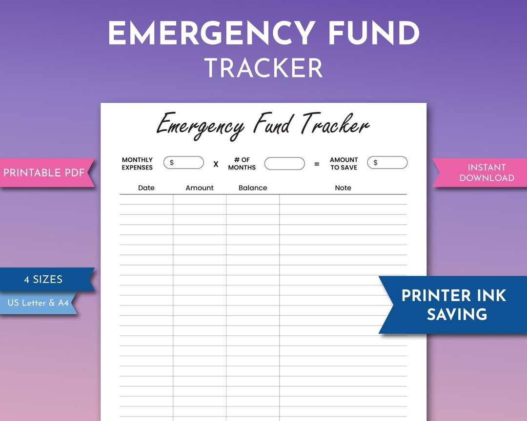 Custom Amount Emergency Fund Tracker, Minimalist Savings Worksheet ...