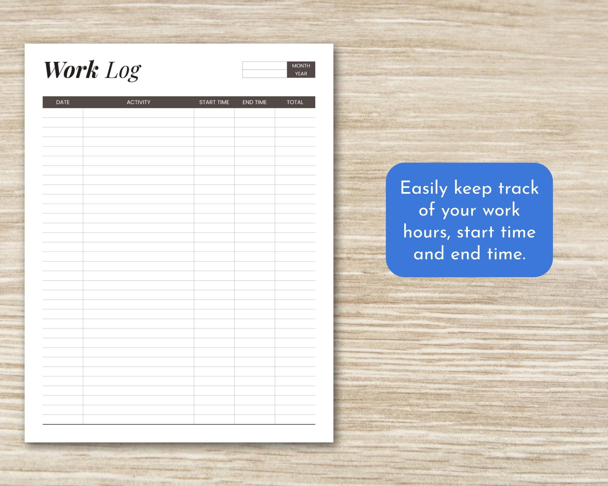 Work Log Printable, Time Tracker Template, Time Spent Working Log ...