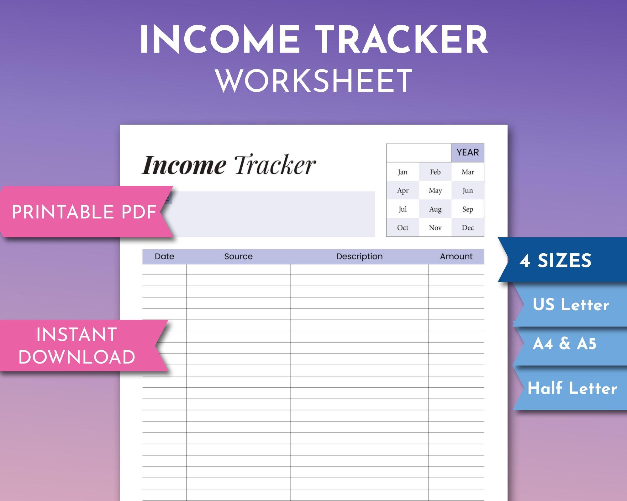 Blue Income Tracker Worksheet, Printable PDF Template, Instant Download ...