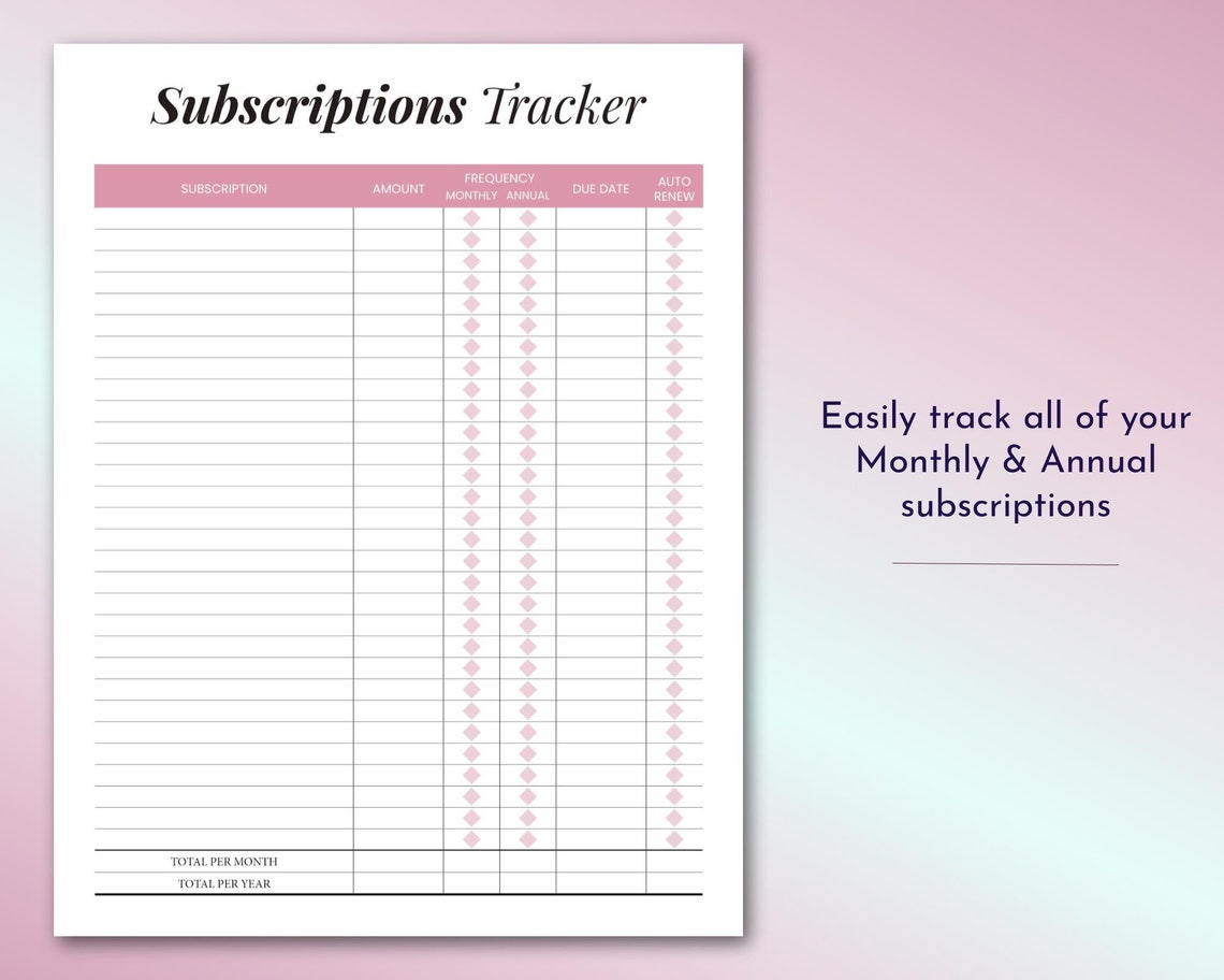 Monthly Subscriptions Tracker Template Printable Annual | Etsy