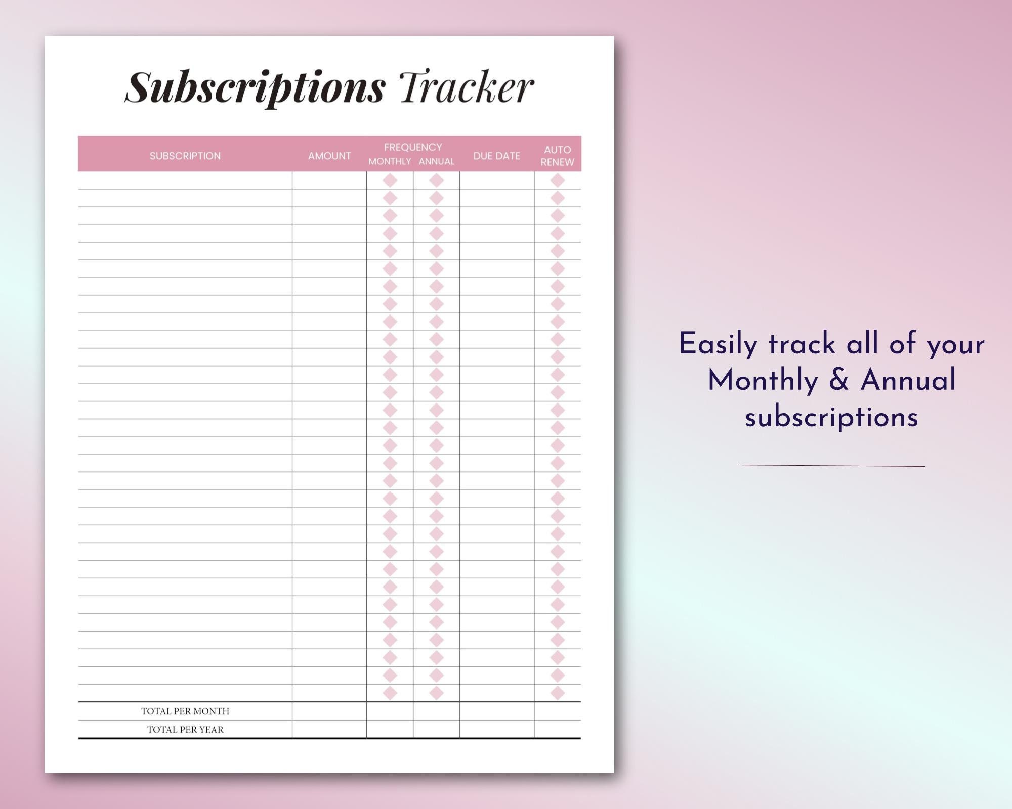 Monthly Subscriptions Tracker Template, Printable Annual Membership ...