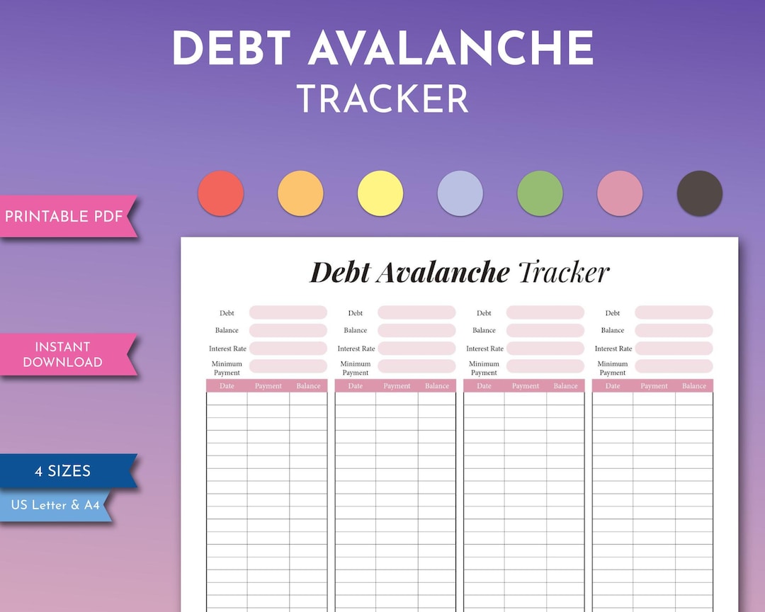 Debt Avalanche Tracker Printable, Money Planner PDF, Colorful ...