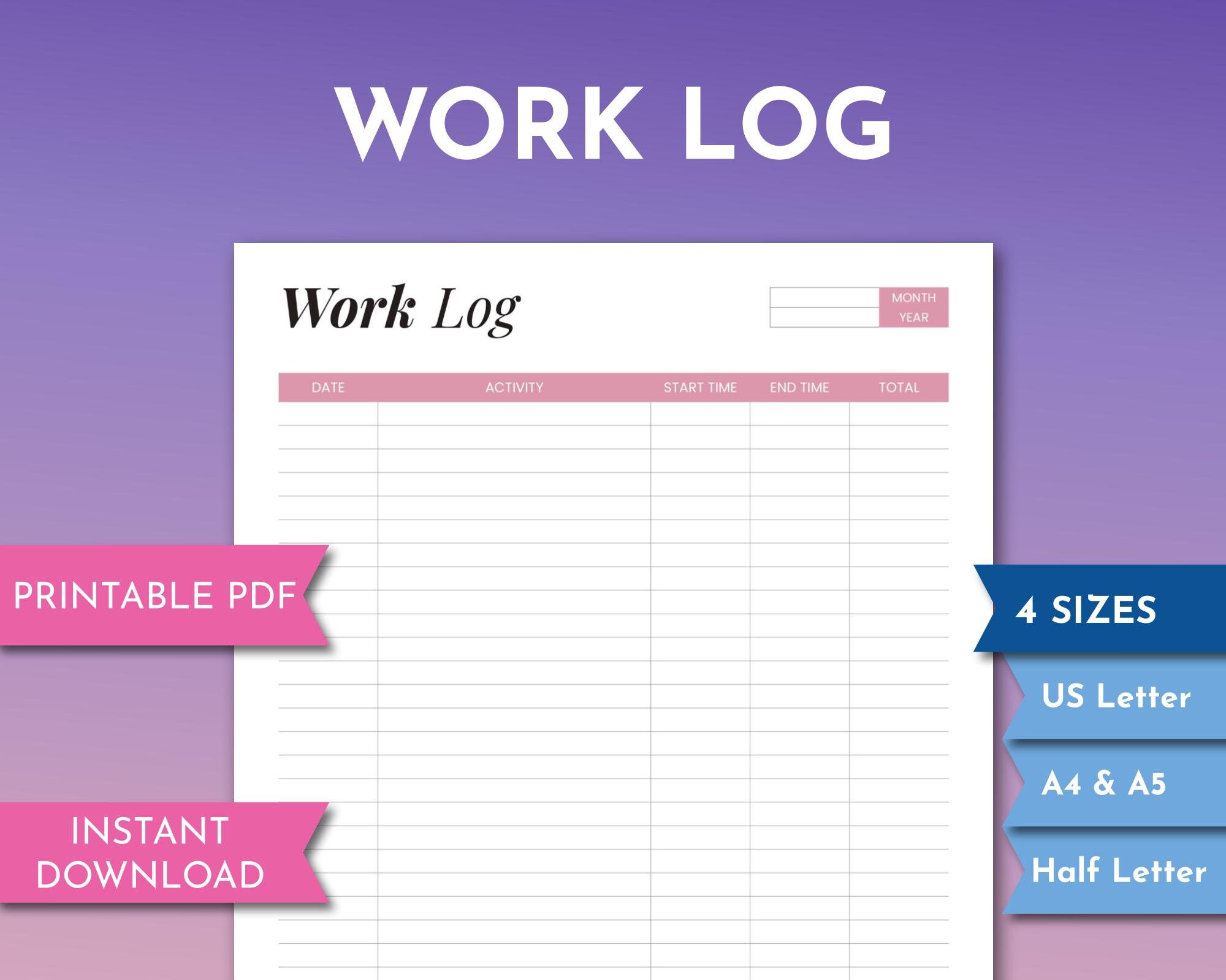 Work Log Printable, Time Tracker Template, Time Spent Working Log ...