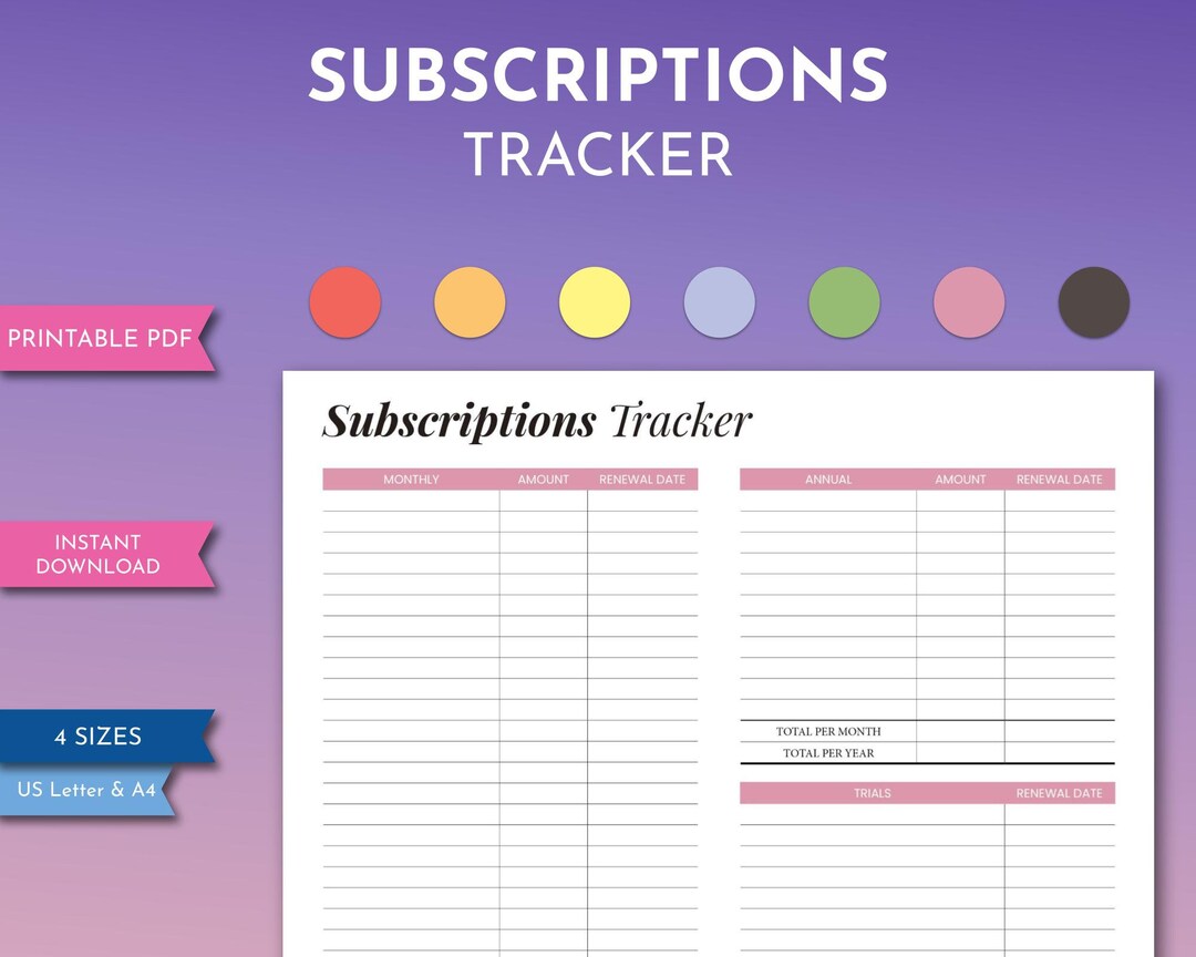 Subscriptions Tracker Printable, Regular Monthly Expenses Log, Yearly ...