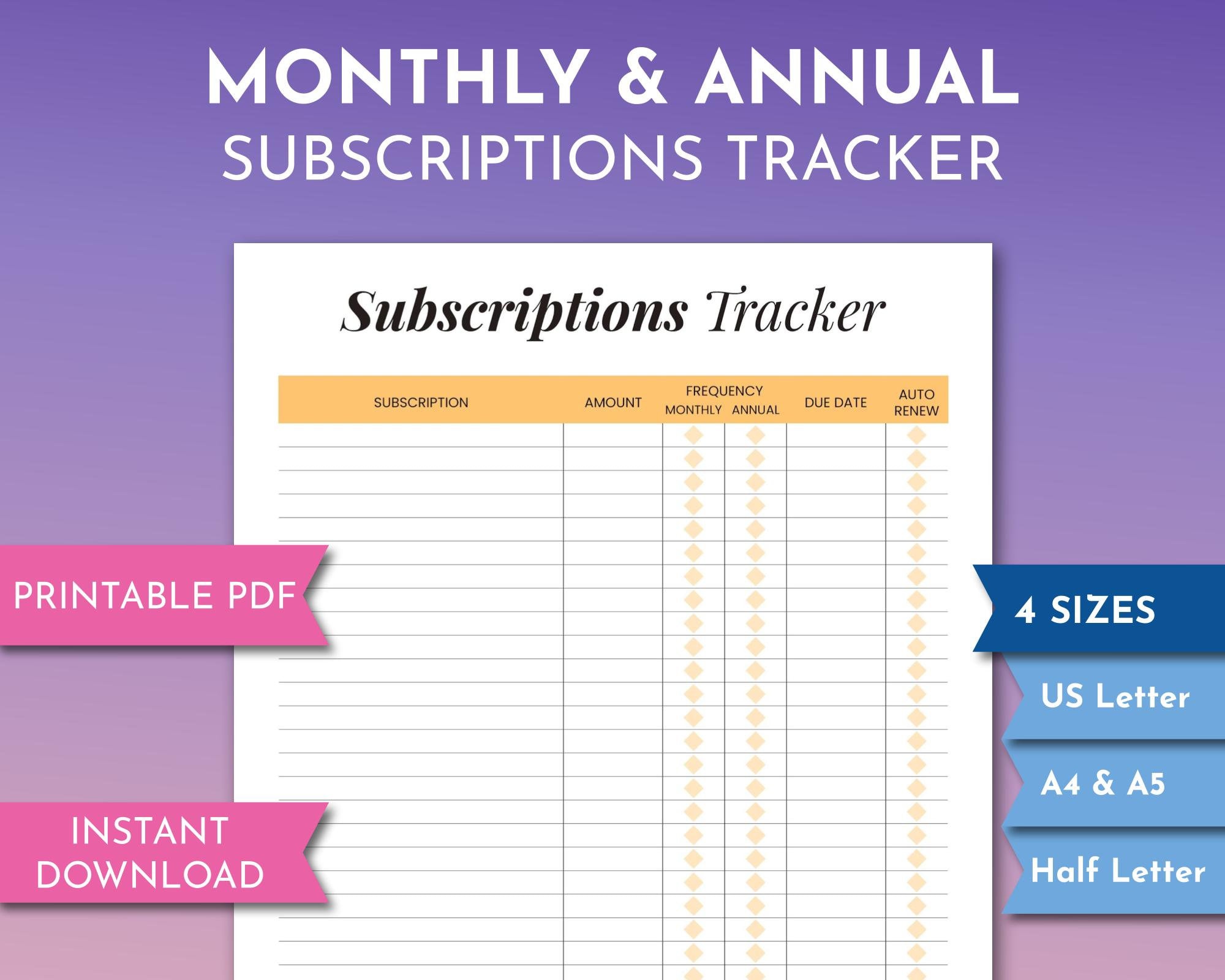 Monthly Subscription Tracker, Annual Bills Worksheet, Personal Finance ...
