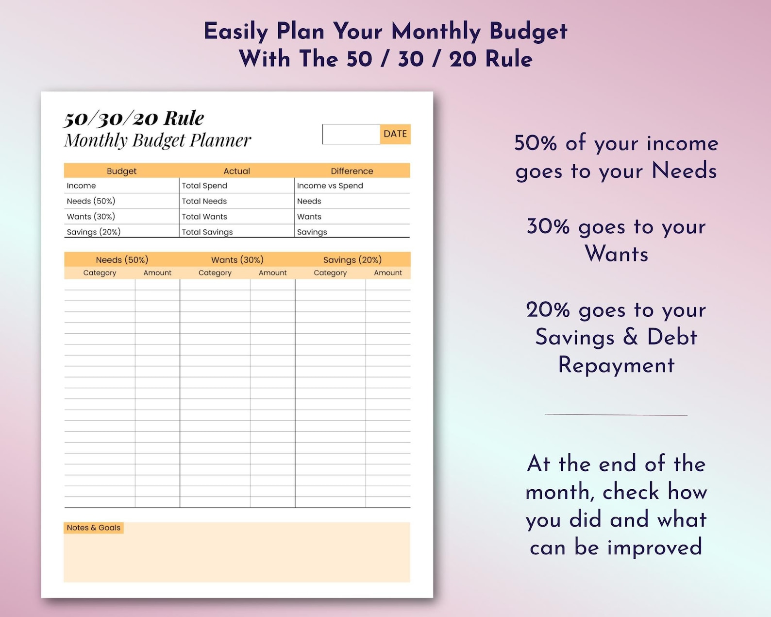 50/30/20 Budget Rule, Personal Budgeting Planner Dashboard, Printable ...