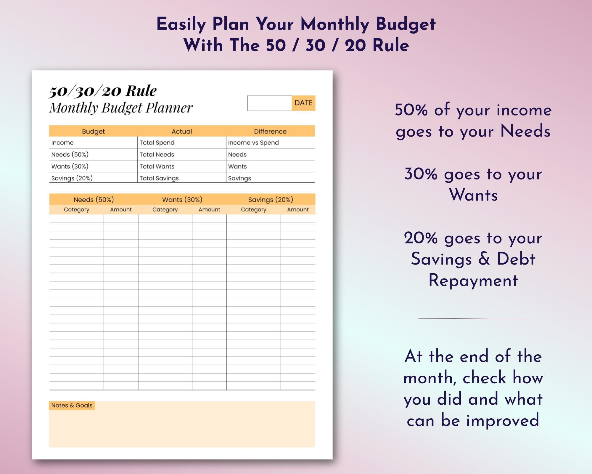 50/30/20 Budget Rule, Personal Budgeting Planner Dashboard, Printable ...