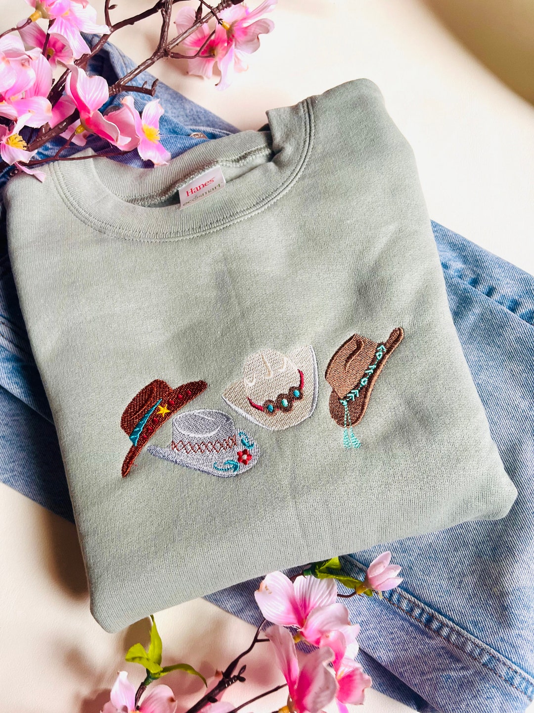 Cowboy Hat Western Embroidered Crewneck - Etsy