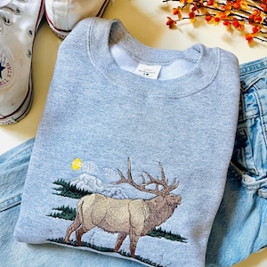 Sunrise Elk Embroidered Crewneck - Etsy