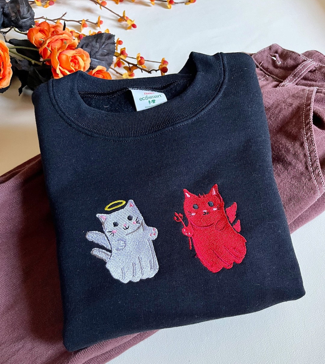 Angel and Devil Kitty Embroidered Crewneck Cat Crewneck - Etsy