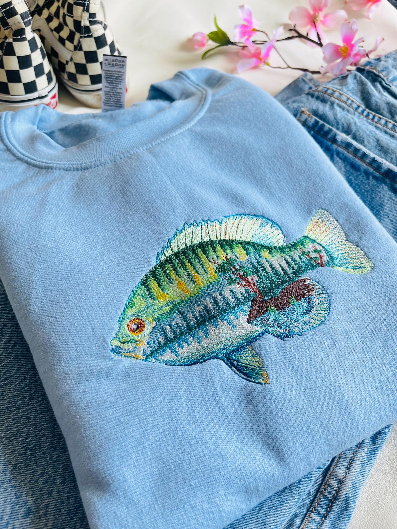 Lakescape Fish Embroidered Crewneck Sweater - Etsy