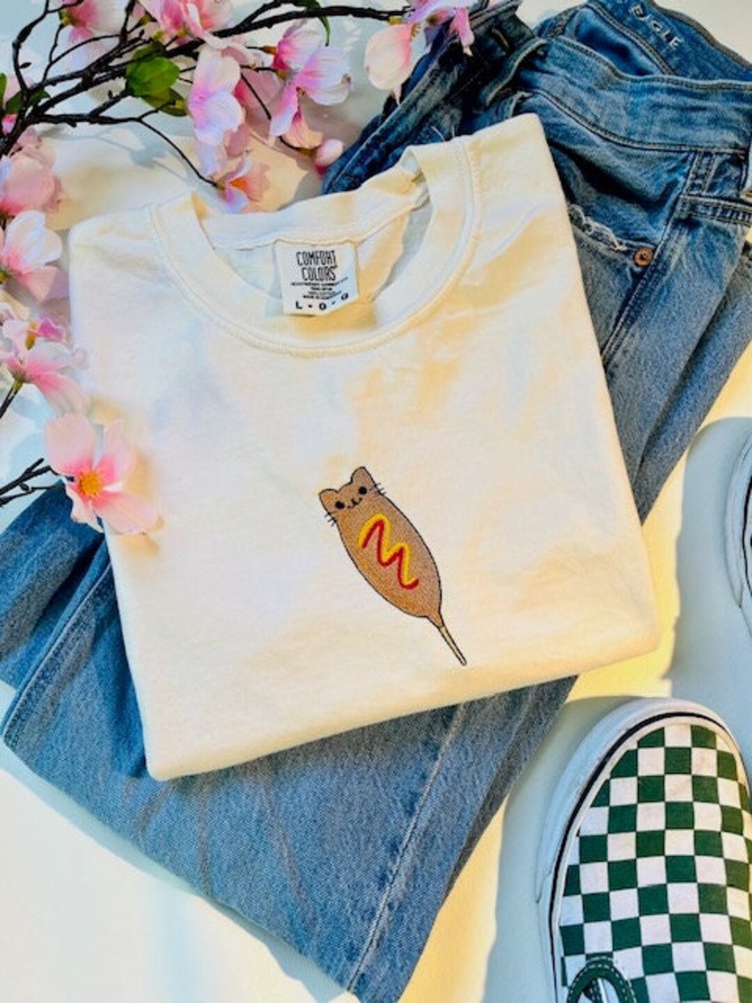 Corn Cat Embroidered Tee | Embroidered Cat T-shirt | Summer Tee ...