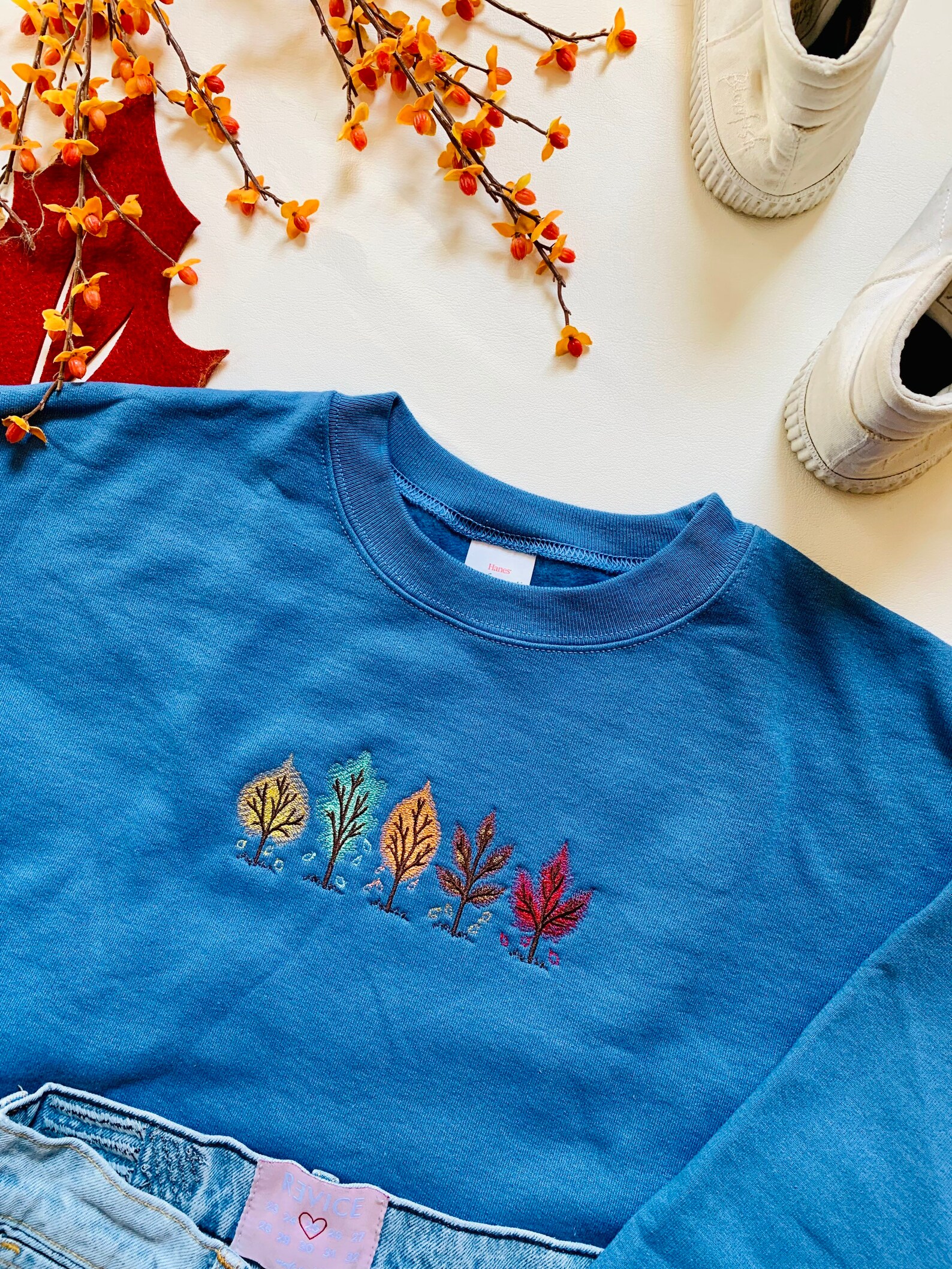 Fall Leaf Embroidered Crewneck - Etsy