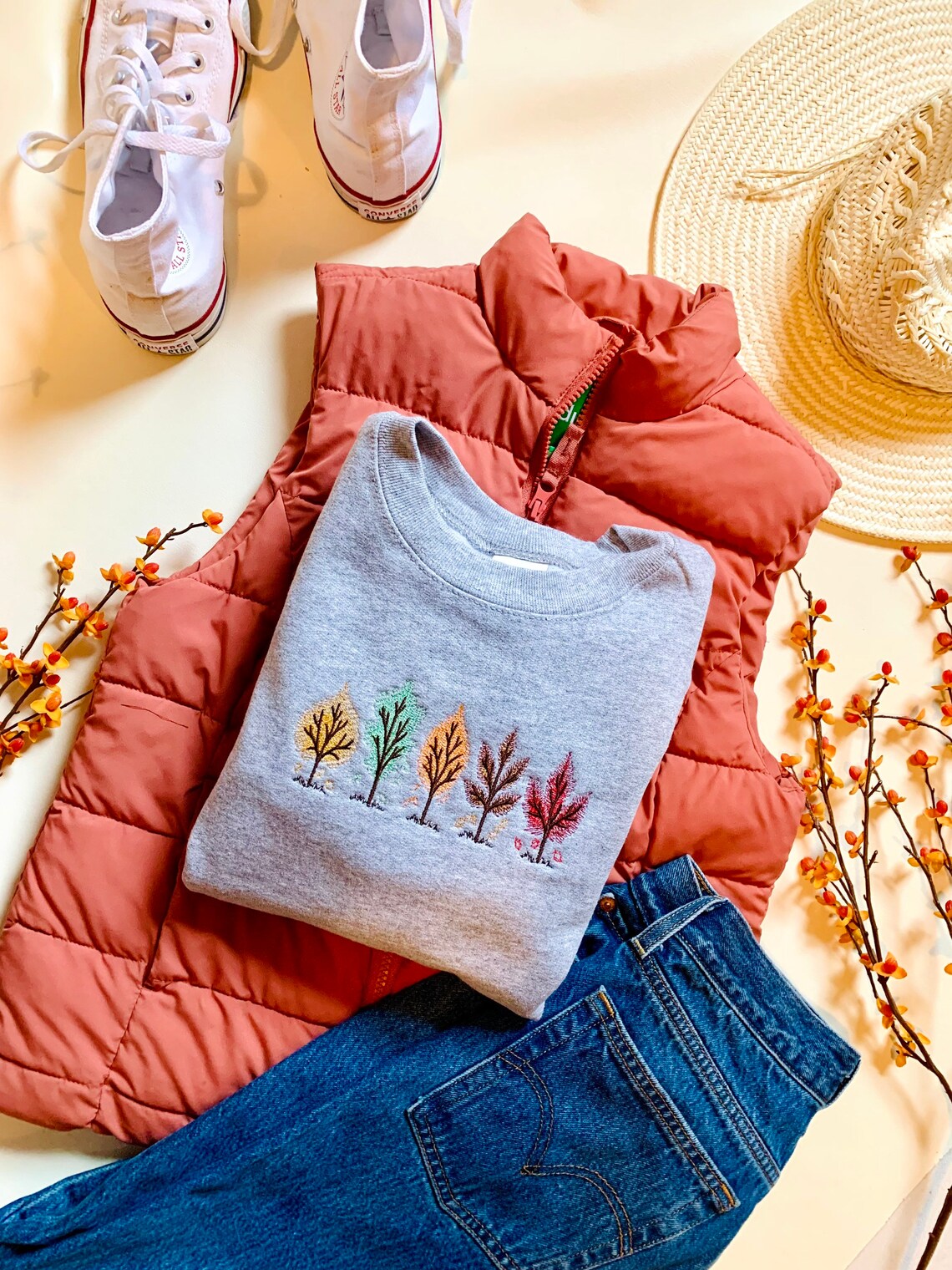 Fall Leaf Embroidered Crewneck - Etsy