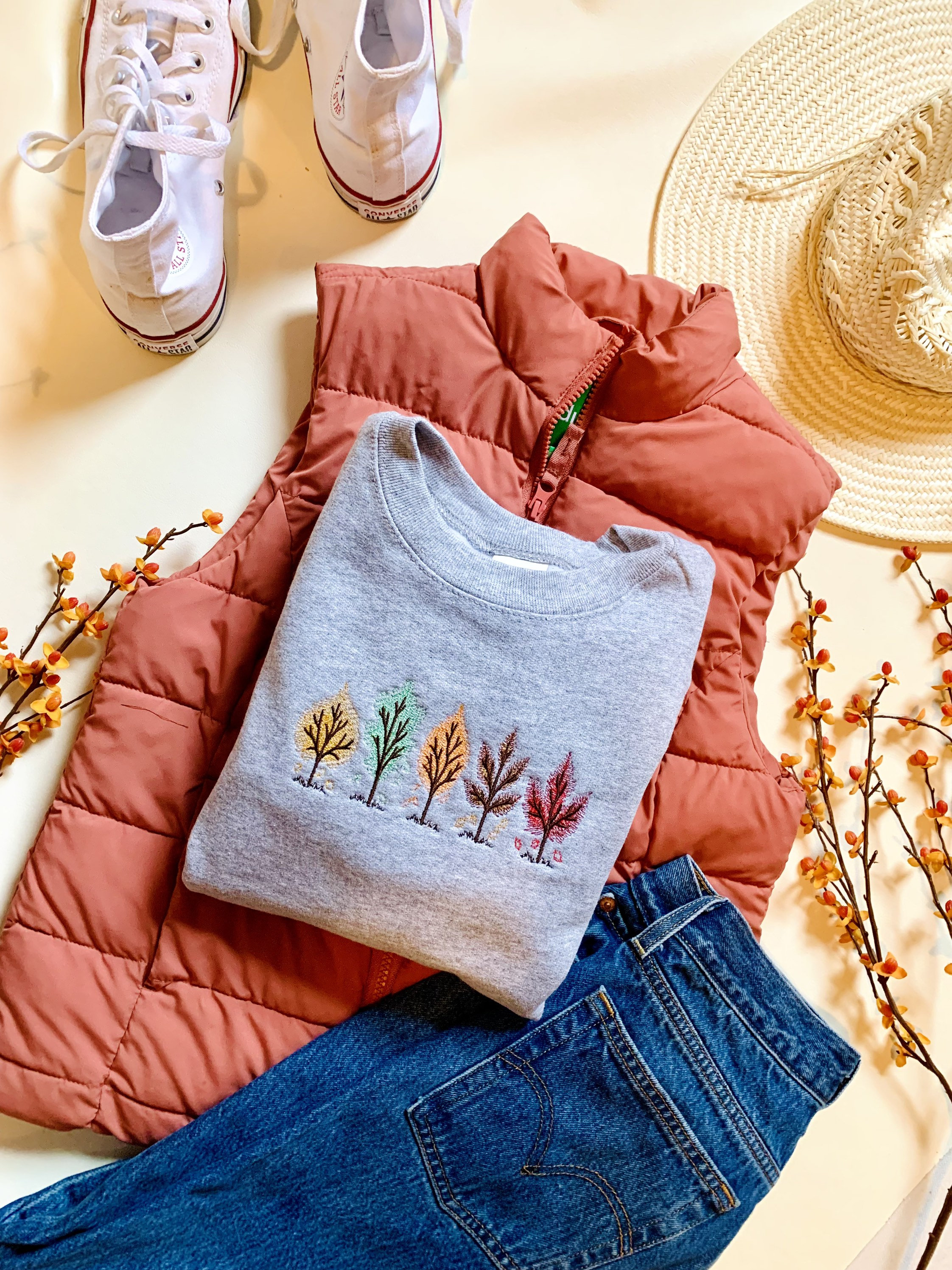 Fall Leaf Embroidered Crewneck - Etsy