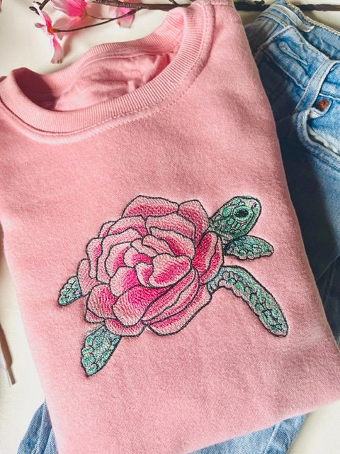 Floral Sea Turtle Embroidered Crewneck: Tropical Apparel - Etsy