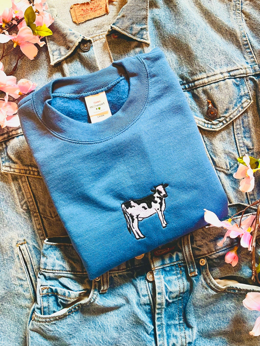 Cow Embroidered Crewneck | Cottage Core Sweatshirt - Etsy