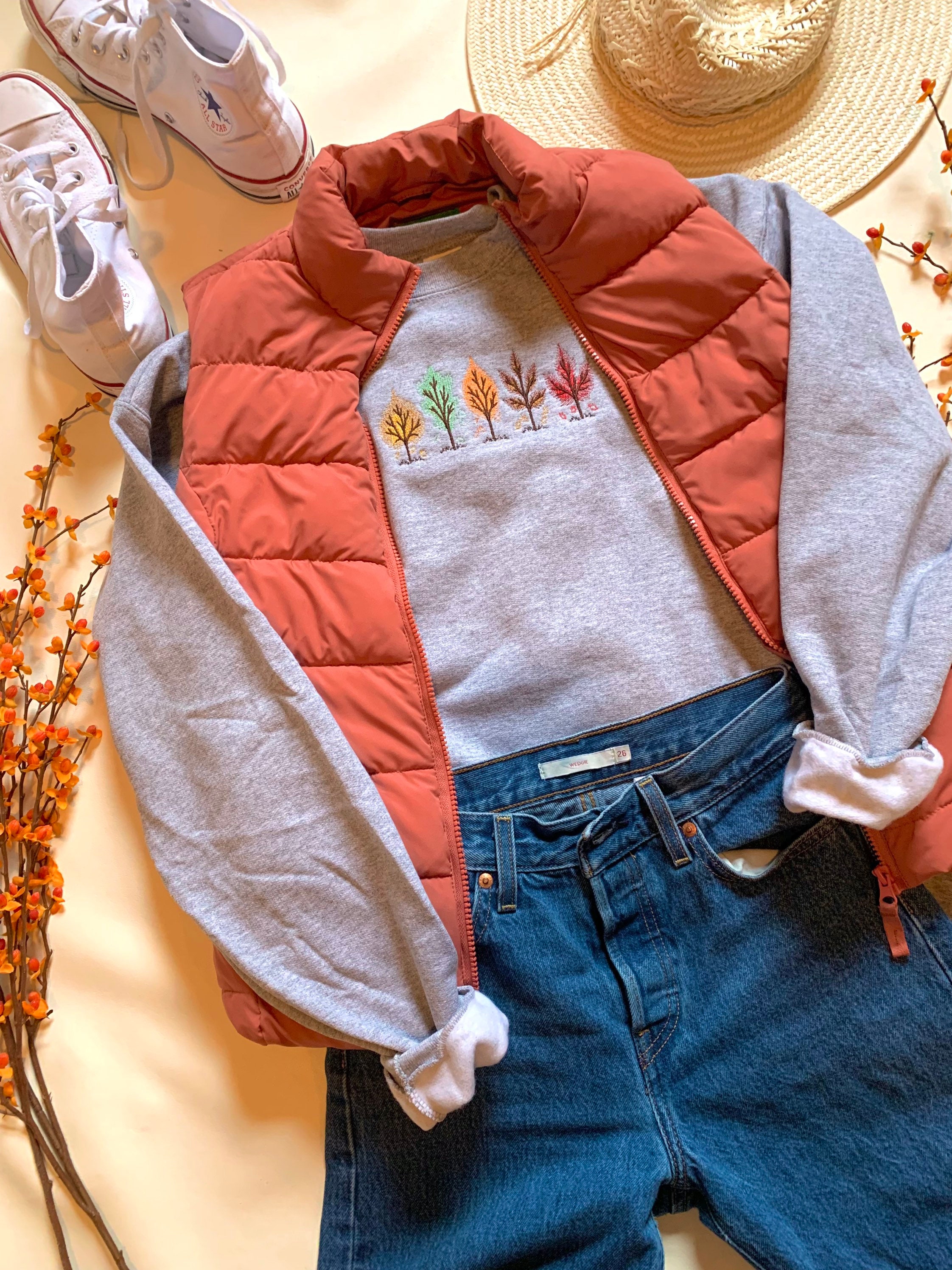 Fall Leaf Embroidered Crewneck - Etsy