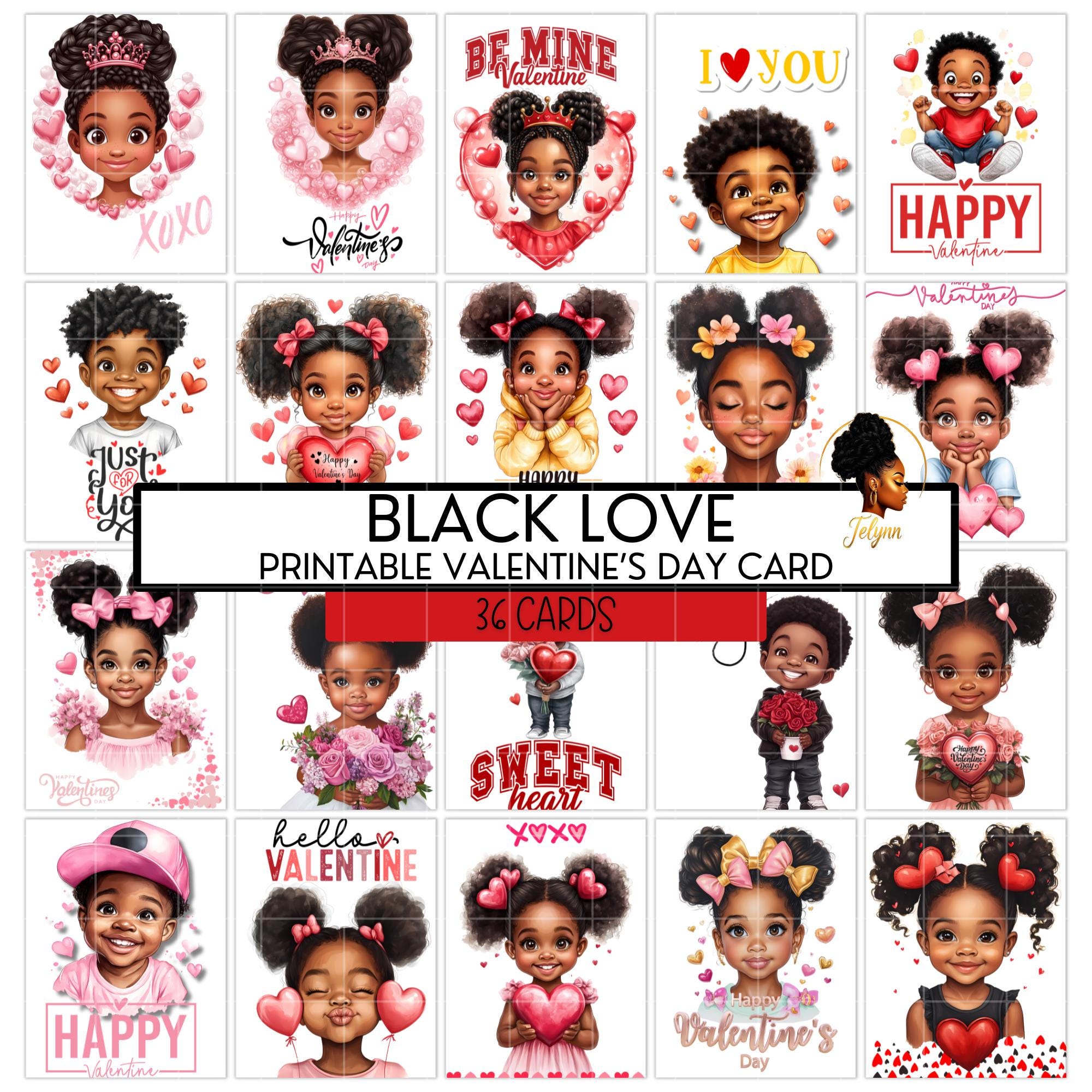 Printable Valentine's Cards for Black Kids, 36 Unique Cards, Valentines ...