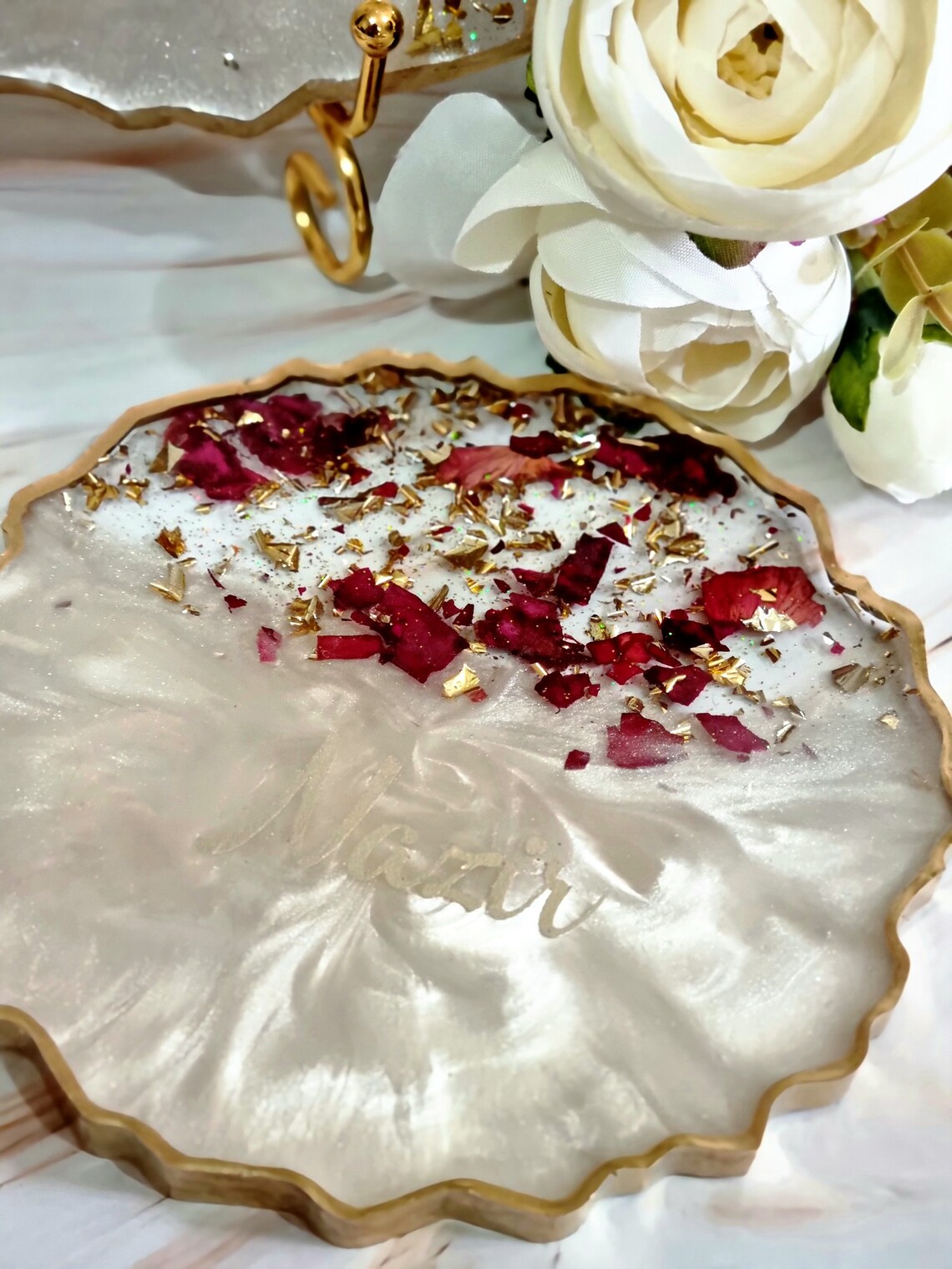 Personalised Pearlescent Gold With Dried Roses Resin Tray With Stand ...