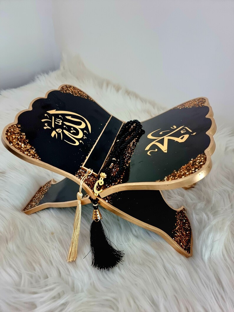 Personalised Black and Gold Quran Stand With Matching Bookmark and ...
