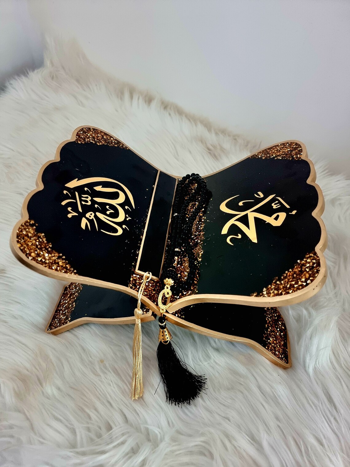 Personalised Black and Gold Quran Stand With Matching Bookmark and ...