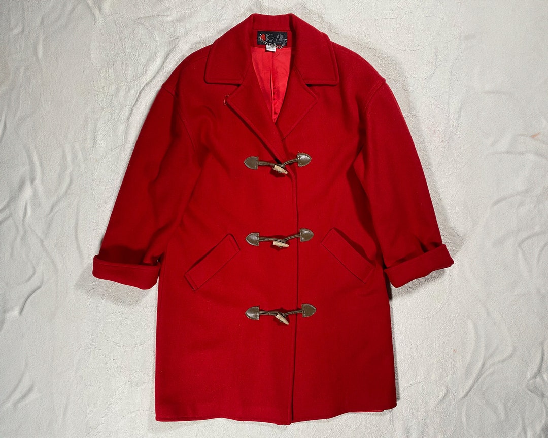 Vintage 80s 90s Big Apple Coat Corporation Red Wool Toggle Overcoat ...
