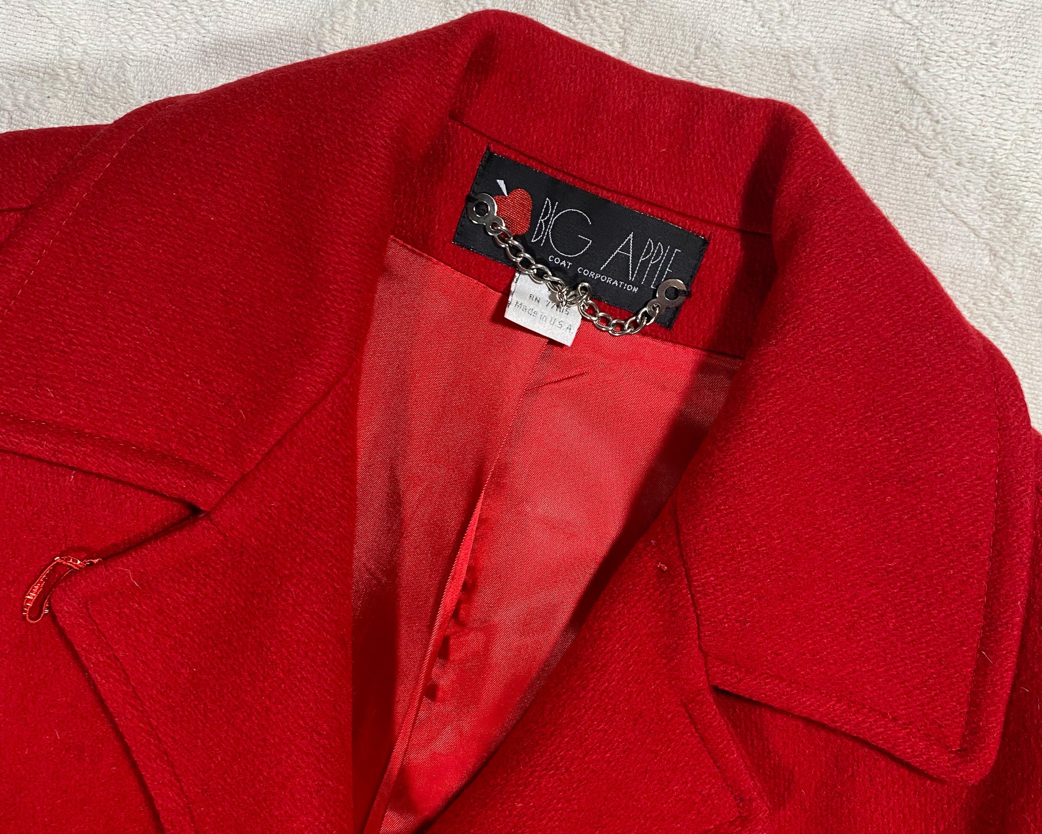 Vintage 80s 90s Big Apple Coat Corporation Red Wool Toggle Overcoat ...