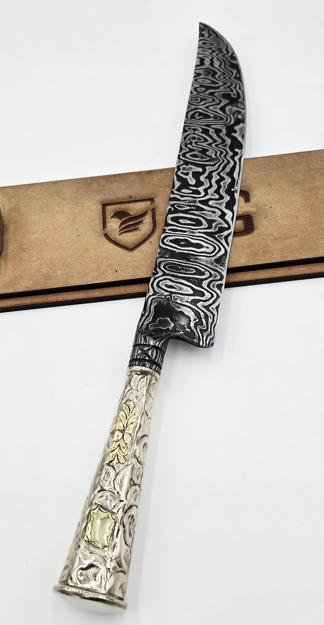 11" Random Damascus Knife | Sculpted Bolster & Alpaca Handle | Gold ...